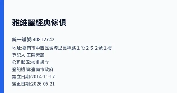 雅維麗經典傢俱的照片-統編 40812742(臺南市) 公司登記資料與營業項目詳細圖表
