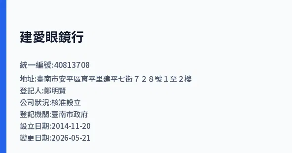 建愛眼鏡行的照片-統編 40813708(臺南市) 公司登記資料與營業項目詳細圖表