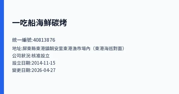 一吃船海鮮碳烤的照片-統編 40813876(屏東縣) 公司登記資料與營業項目詳細圖表