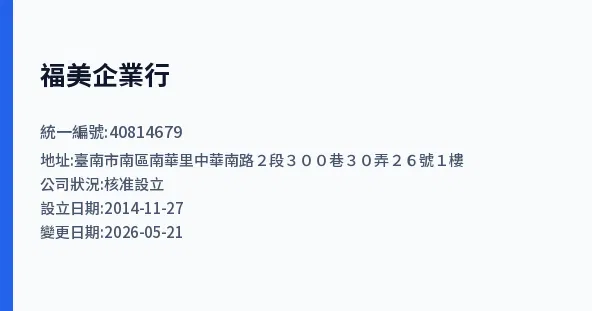 福美企業行的照片-統編 40814679(臺南市) 公司登記資料與營業項目詳細圖表