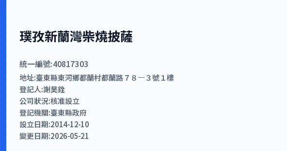璞孜新蘭灣柴燒披薩的照片-統編 40817303(臺東縣) 公司登記資料與營業項目詳細圖表