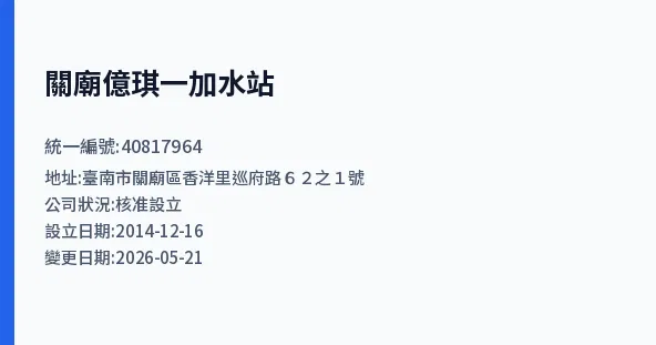 關廟億琪一加水站的照片-統編 40817964(臺南市) 公司登記資料與營業項目詳細圖表