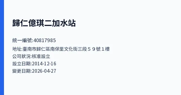 歸仁億琪二加水站的照片-統編 40817985(臺南市) 公司登記資料與營業項目詳細圖表