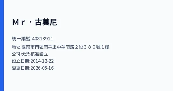 Mr.古莫尼的照片-統編 40818921(臺南市) 公司登記資料與營業項目詳細圖表