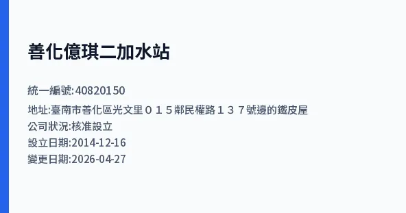 善化億琪二加水站的照片-統編 40820150(臺南市) 公司登記資料與營業項目詳細圖表