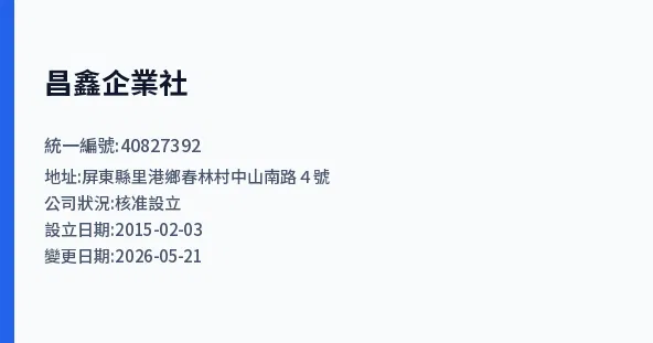 昌鑫企業社的照片-統編 40827392(屏東縣) 公司登記資料與營業項目詳細圖表