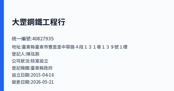 大罡鋼鐵工程行的照片-統編 40827935(臺東縣) 公司登記資料與營業項目詳細圖表