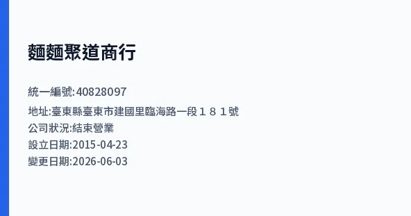 麵麵聚道商行的照片-統編 40828097(臺東縣) 公司登記資料與營業項目詳細圖表