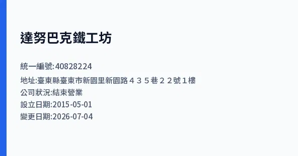 達努巴克鐵工坊的照片-統編 40828224(臺東縣) 公司登記資料與營業項目詳細圖表