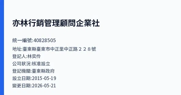 亦林行銷管理顧問企業社的照片-統編 40828505(臺東縣) 公司登記資料與營業項目詳細圖表
