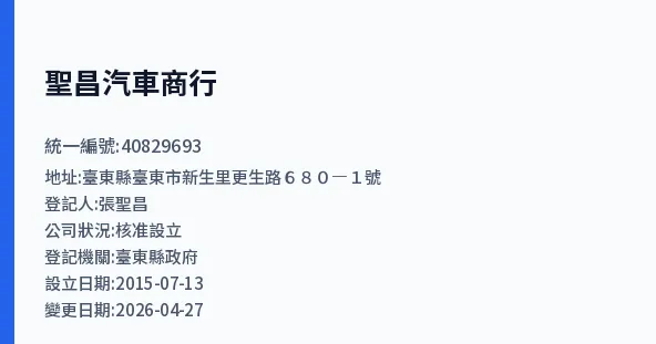 聖昌汽車商行的照片-統編 40829693(臺東縣) 公司登記資料與營業項目詳細圖表