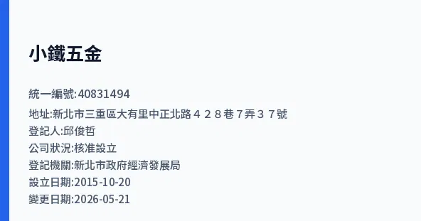 小鐵五金的照片-統編 40831494(新北市) 公司登記資料與營業項目詳細圖表