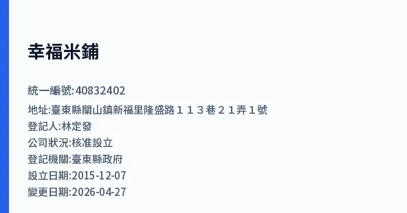 幸福米鋪的照片-統編 40832402(臺東縣) 公司登記資料與營業項目詳細圖表