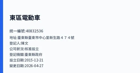 東區電動車的照片-統編 40832536(臺東縣) 公司登記資料與營業項目詳細圖表