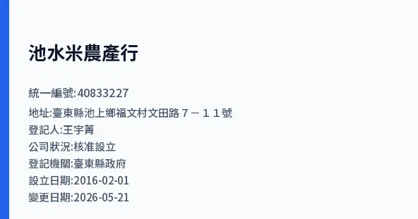池水米農產行的照片-統編 40833227(臺東縣) 公司登記資料與營業項目詳細圖表