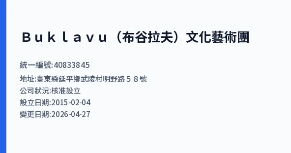 Buklavu(布谷拉夫)文化藝術團的照片-統編 40833845(臺東縣) 公司登記資料與營業項目詳細圖表