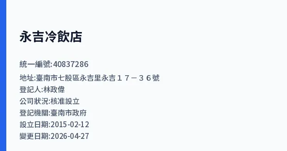 永吉冷飲店的照片-統編 40837286(臺南市) 公司登記資料與營業項目詳細圖表