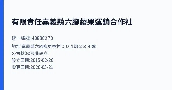 有限責任嘉義縣六腳蔬果運銷合作社的照片-統編 40838270(嘉義縣) 公司登記資料與營業項目詳細圖表