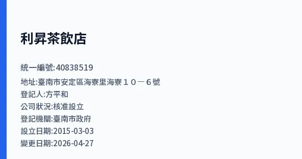 利昇茶飲店的照片-統編 40838519(臺南市) 公司登記資料與營業項目詳細圖表
