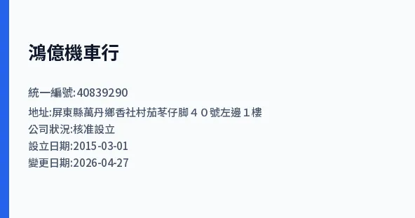 鴻億機車行的照片-統編 40839290(屏東縣) 公司登記資料與營業項目詳細圖表