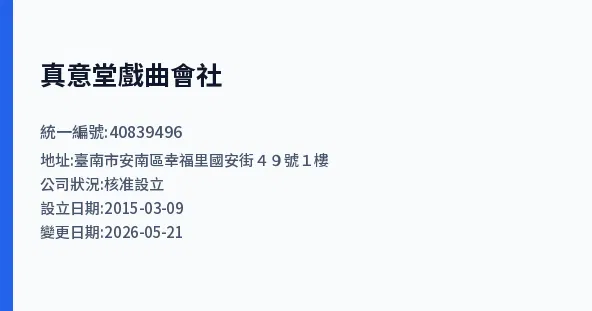 真意堂戲曲會社的照片-統編 40839496(臺南市) 公司登記資料與營業項目詳細圖表