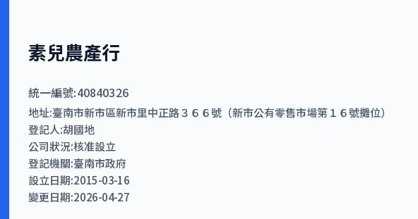 素兒農產行的照片-統編 40840326(臺南市) 公司登記資料與營業項目詳細圖表