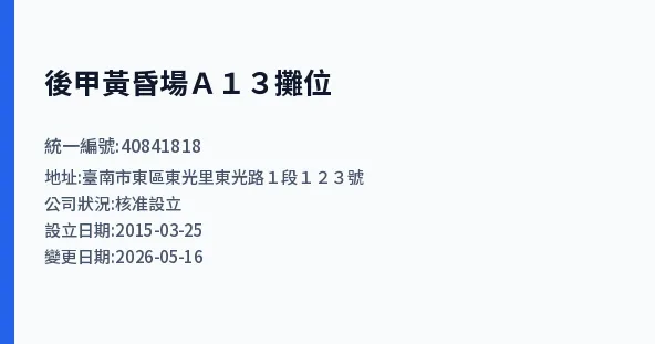 後甲黃昏場A13攤位的照片-統編 40841818(臺南市) 公司登記資料與營業項目詳細圖表
