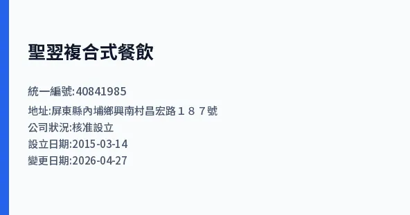 聖翌複合式餐飲的照片-統編 40841985(屏東縣) 公司登記資料與營業項目詳細圖表