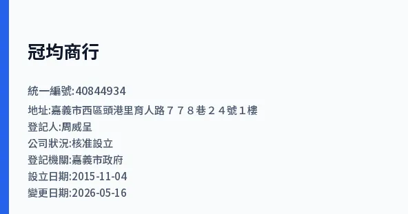 冠均商行的照片-統編 40844934(嘉義市) 公司登記資料與營業項目詳細圖表