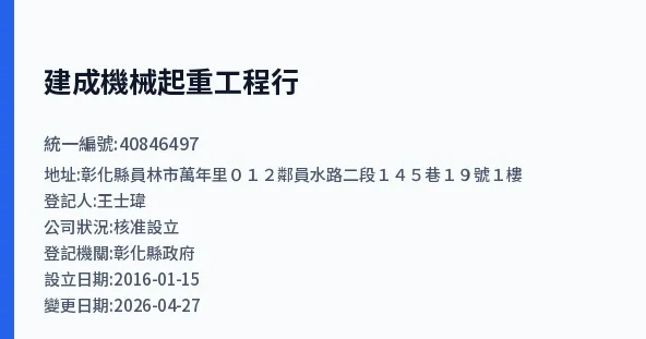 建成機械起重工程行的照片-統編 40846497(彰化縣) 公司登記資料與營業項目詳細圖表