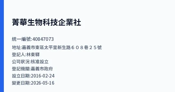 菁華生物科技企業社的照片-統編 40847073(嘉義市) 公司登記資料與營業項目詳細圖表