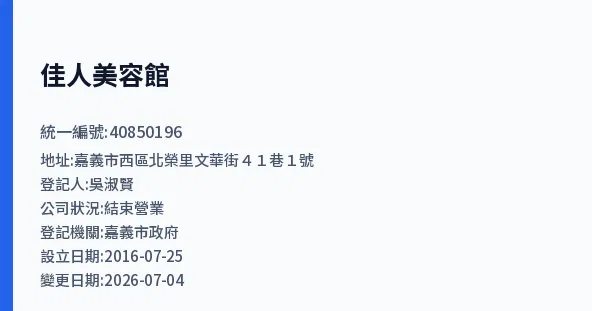 佳人美容館的照片-統編 40850196(嘉義市) 公司登記資料與營業項目詳細圖表