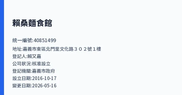 賴桑麵食館的照片-統編 40851499(嘉義市) 公司登記資料與營業項目詳細圖表