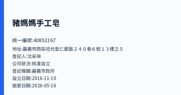 豬媽媽手工皂的照片-統編 40852167(嘉義市) 公司登記資料與營業項目詳細圖表