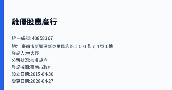 雞優股農產行的照片-統編 40858367(臺南市) 公司登記資料與營業項目詳細圖表
