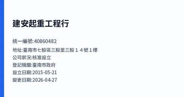 建安起重工程行的照片-統編 40860482(臺南市) 公司登記資料與營業項目詳細圖表