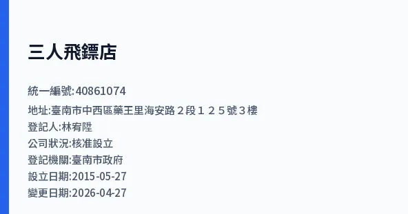 三人飛鏢店的照片-統編 40861074(臺南市) 公司登記資料與營業項目詳細圖表