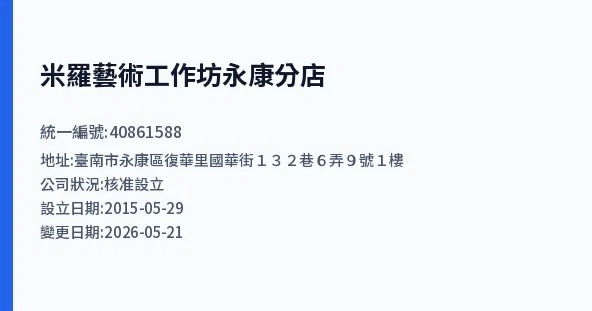 米羅藝術工作坊永康分店的照片-統編 40861588(臺南市) 公司登記資料與營業項目詳細圖表