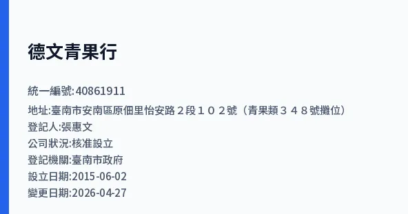德文青果行的照片-統編 40861911(臺南市) 公司登記資料與營業項目詳細圖表