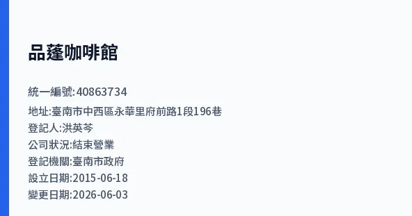 品蓬咖啡館的照片-統編 40863734(臺南市) 公司登記資料與營業項目詳細圖表