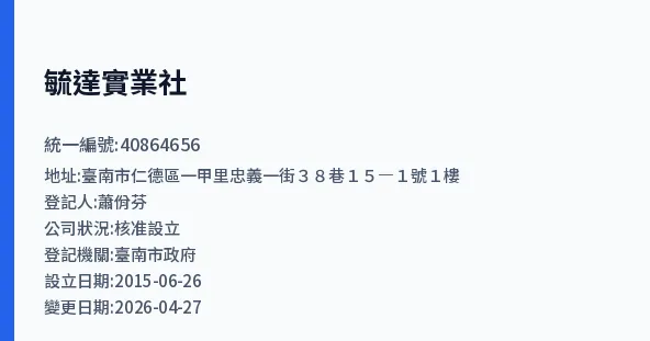 毓達實業社的照片-統編 40864656(臺南市) 公司登記資料與營業項目詳細圖表