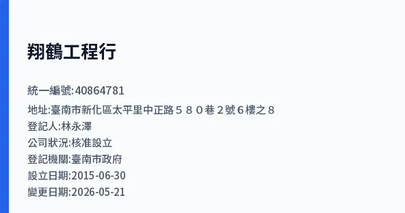翔鶴工程行的照片-統編 40864781(臺南市) 公司登記資料與營業項目詳細圖表