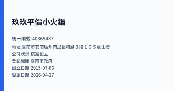 玖玖平價小火鍋的照片-統編 40865487(臺南市) 公司登記資料與營業項目詳細圖表