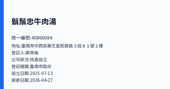 鬍鬚忠牛肉湯的照片-統編 40866084(臺南市) 公司登記資料與營業項目詳細圖表