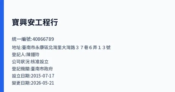 寶興安工程行的照片-統編 40866789(臺南市) 公司登記資料與營業項目詳細圖表