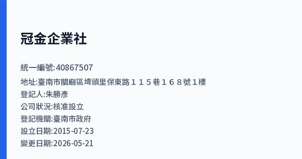 冠金企業社的照片-統編 40867507(臺南市) 公司登記資料與營業項目詳細圖表