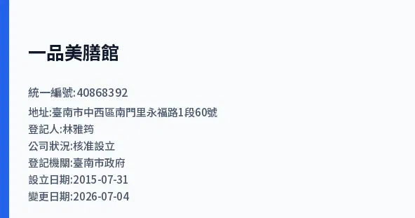一品美膳館的照片-統編 40868392(臺南市) 公司登記資料與營業項目詳細圖表