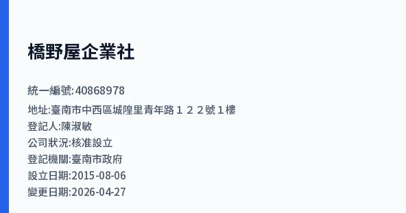 橋野屋企業社的照片-統編 40868978(臺南市) 公司登記資料與營業項目詳細圖表