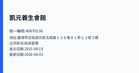 凱元養生會館的照片-統編 40870138(臺南市) 公司登記資料與營業項目詳細圖表