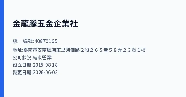 金龍騰五金企業社的照片-統編 40870165(臺南市) 公司登記資料與營業項目詳細圖表